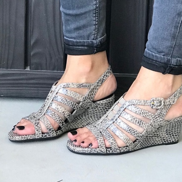 Anthropologie | Shoes | Snake Print Leather Caged Strappy Wedge Sandal ...
